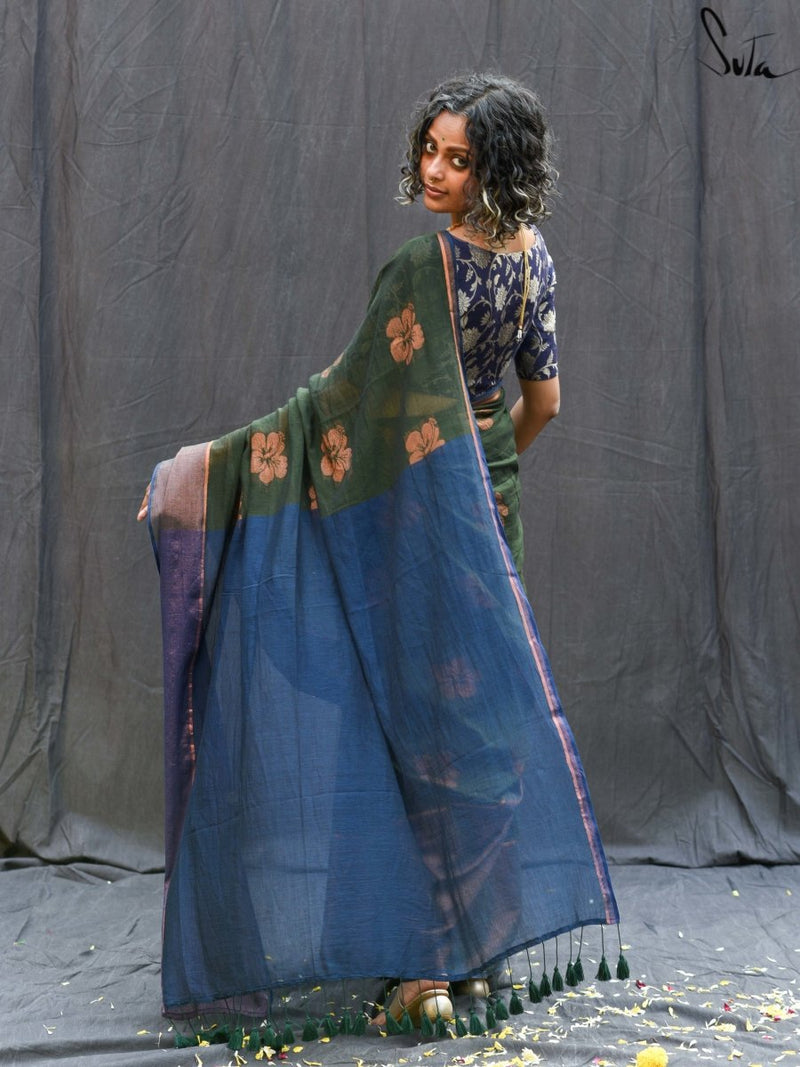 Floral Zari Cotton Saree In Green|Hari Bhari Jawa Kusum|Suta