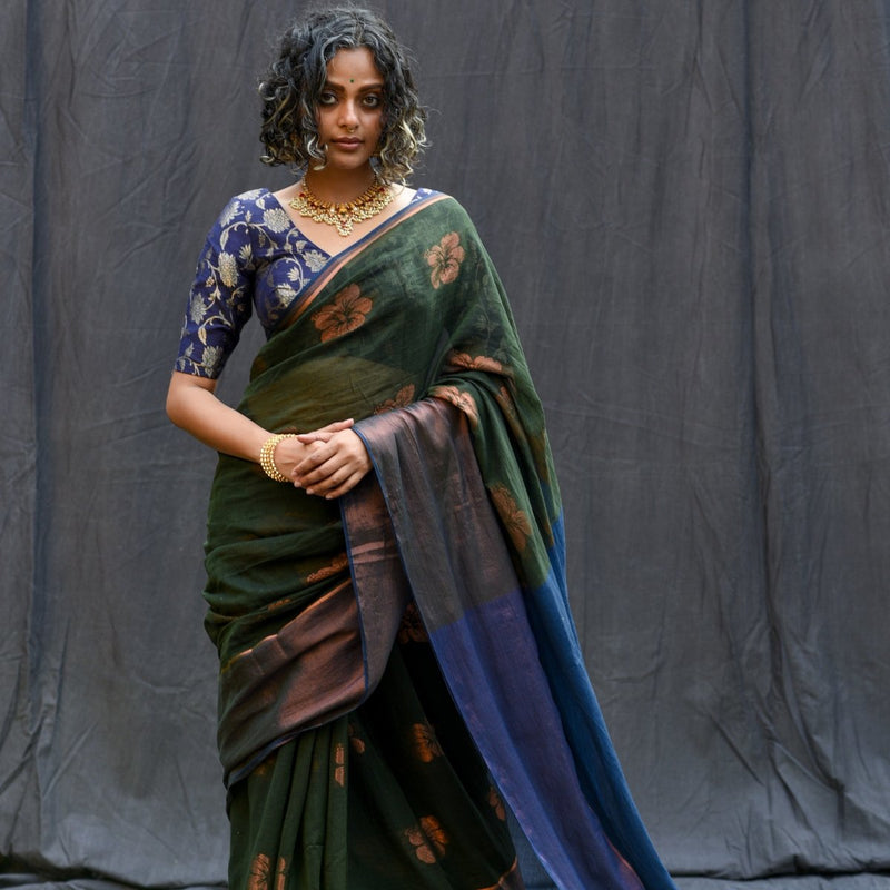 Floral Zari Cotton Saree In Green|Hari Bhari Jawa Kusum|Suta