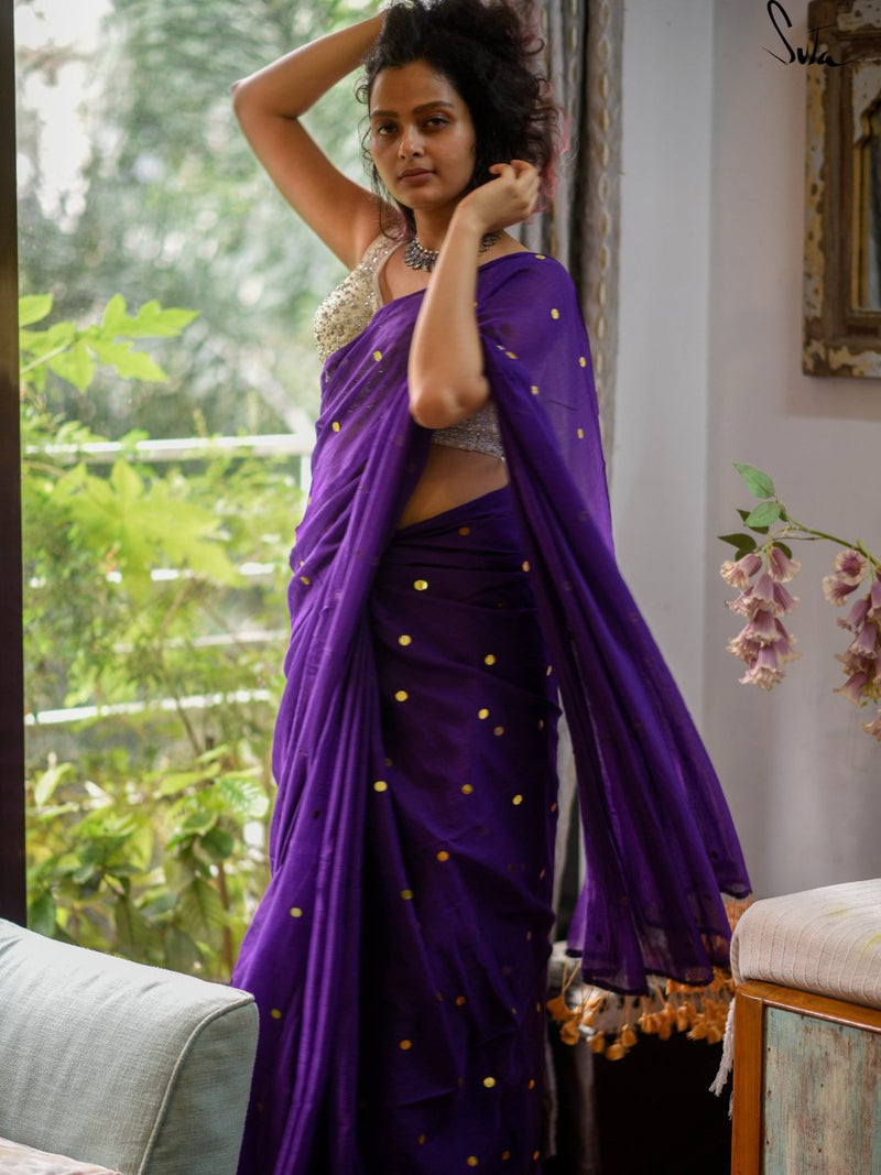 Mulmul Cotton Purple Saree With Sequins|Inked Star|Suta