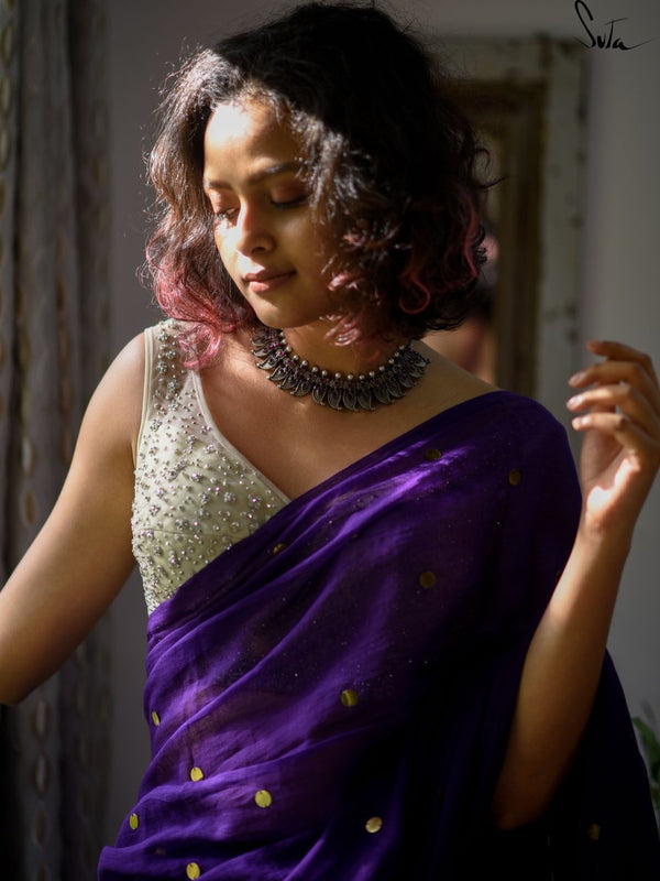 Mulmul Cotton Purple Saree With Sequins|Inked Star|Suta