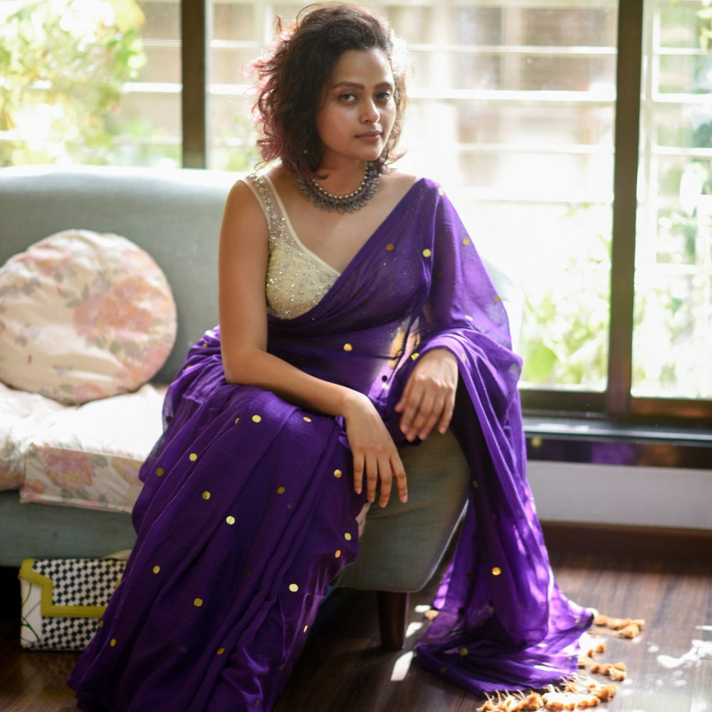 Mulmul Cotton Purple Saree With Sequins|Inked Star|Suta