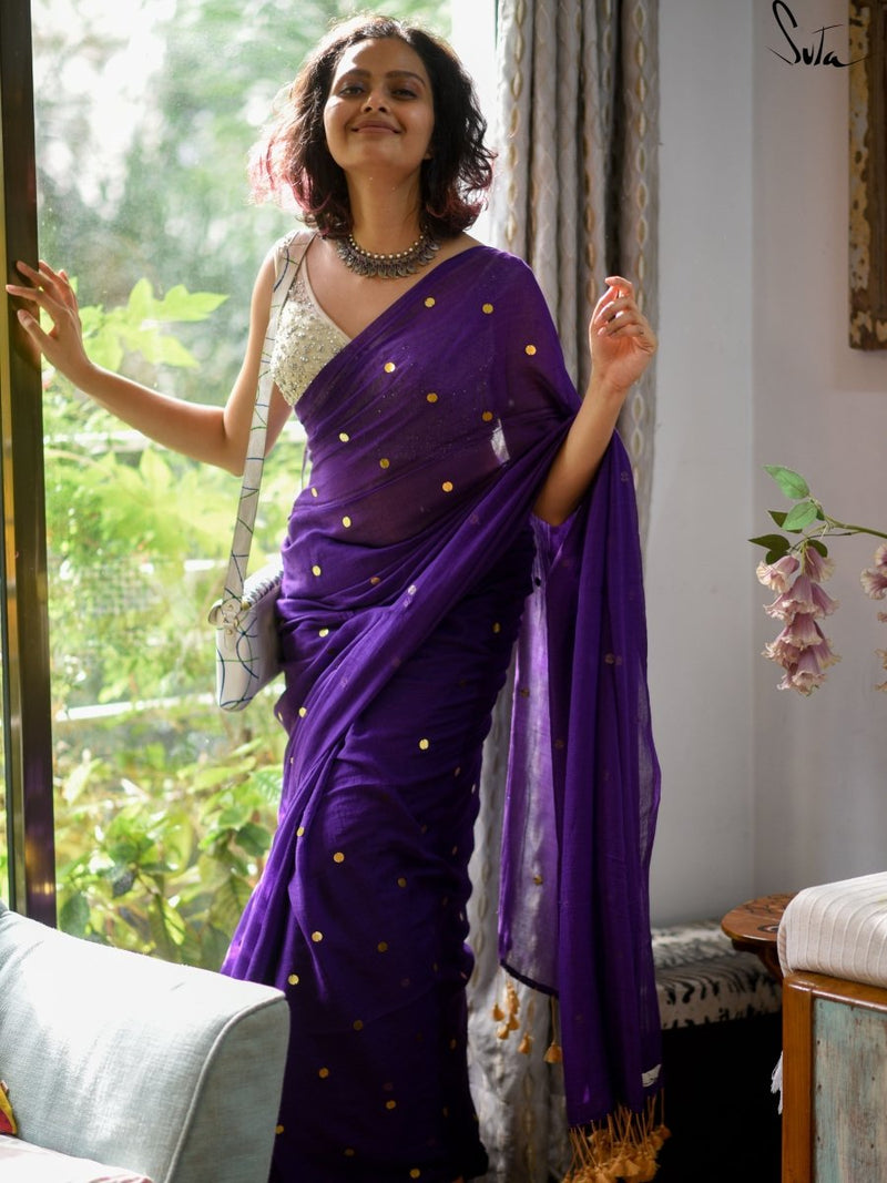 Mulmul Cotton Purple Saree With Sequins|Inked Star|Suta