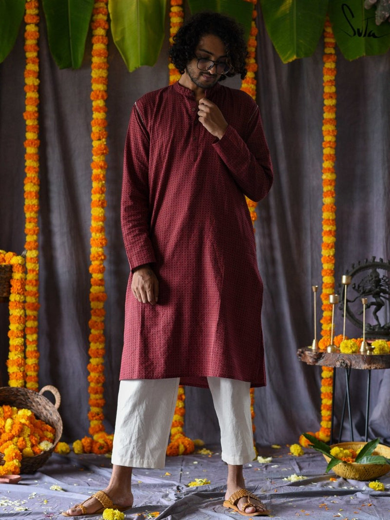 Full Sleeve Cotton Maroon Kurta For Men|Jalta Suraj|Suta