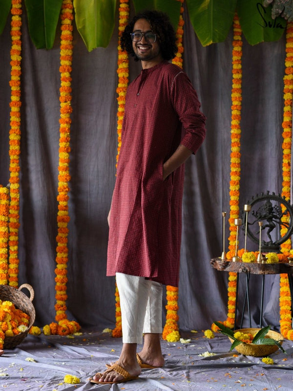 Full Sleeve Cotton Maroon Kurta For Men|Jalta Suraj|Suta