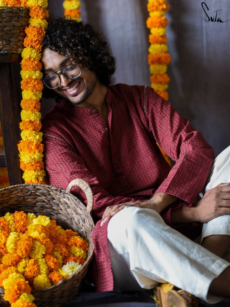 Full Sleeve Cotton Maroon Kurta For Men|Jalta Suraj|Suta