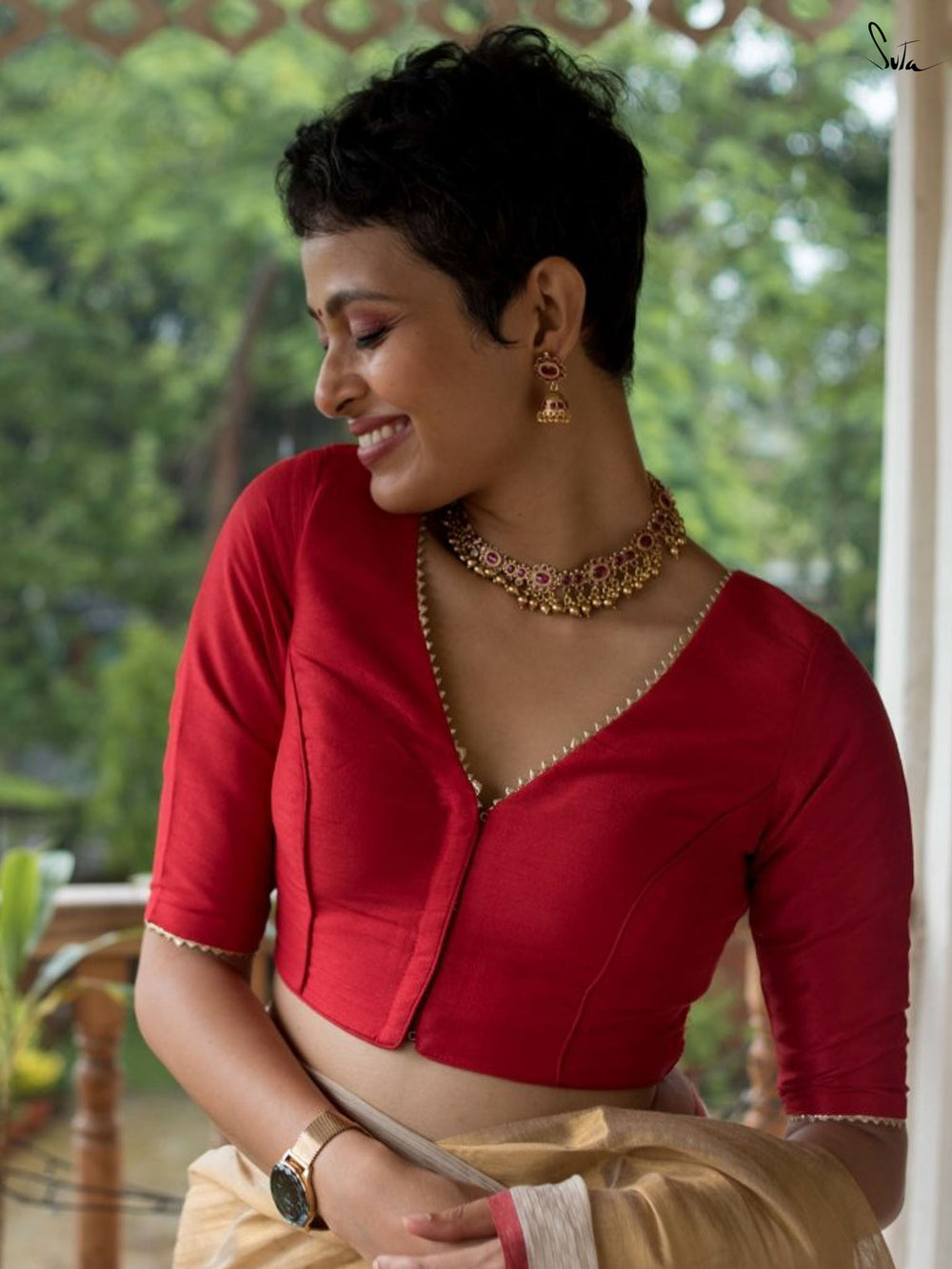 Red Art Silk V Neck Padded Blouse|Jamanthi|Suta