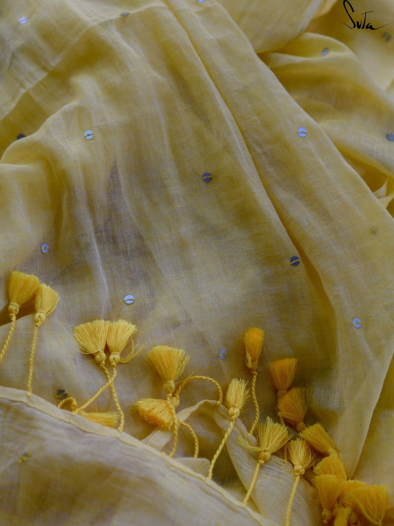 Mul Cotton Yellow Saree With Sequins|Lemon Yellow Chumki|Suta