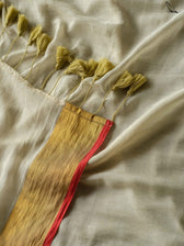 Mulmul Cotton Off White Saree With Tassels|Manjaadi|Suta