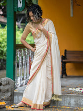Mulmul Cotton Off White Saree With Tassels|Manjaadi|Suta