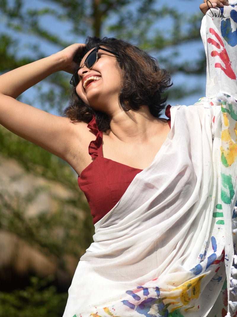 Cotton Maroon Sleeveless Blouse With V Neck|Maroon Curls|Suta