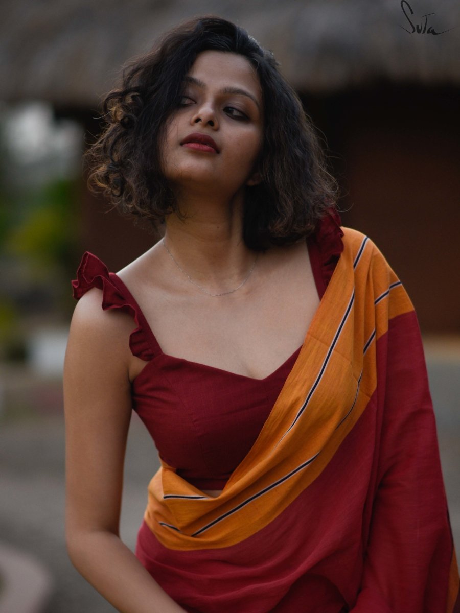 Cotton Maroon Sleeveless Blouse With V Neck|Maroon Curls|Suta