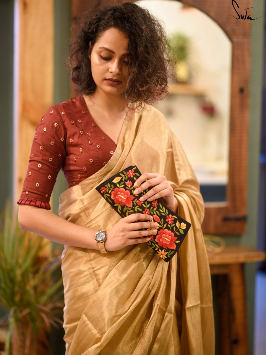 Silk Half Sleeve V Neck Blouse In Maroon|Maroon Stars|Suta