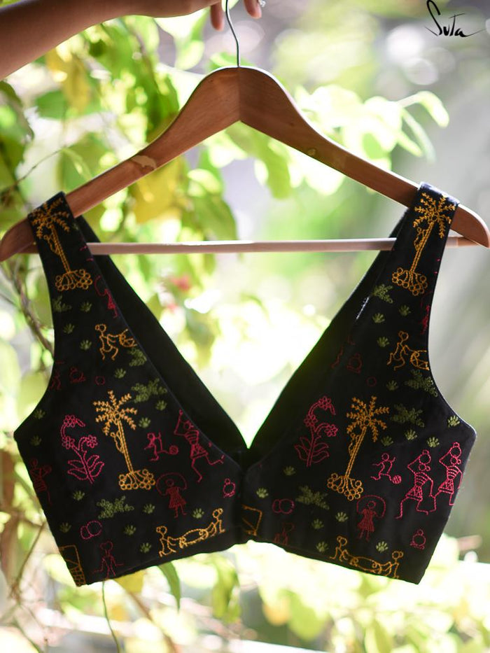 Embroidery V Neck Sleeveless Blouse In Black|Masakali|Suta