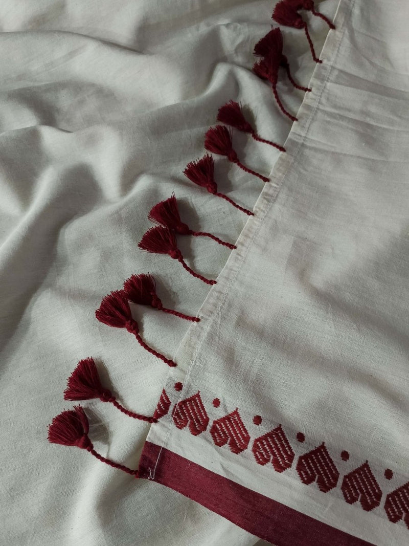 White Soft Cotton Tassel Saree For Onam|Masoom Dil|Suta
