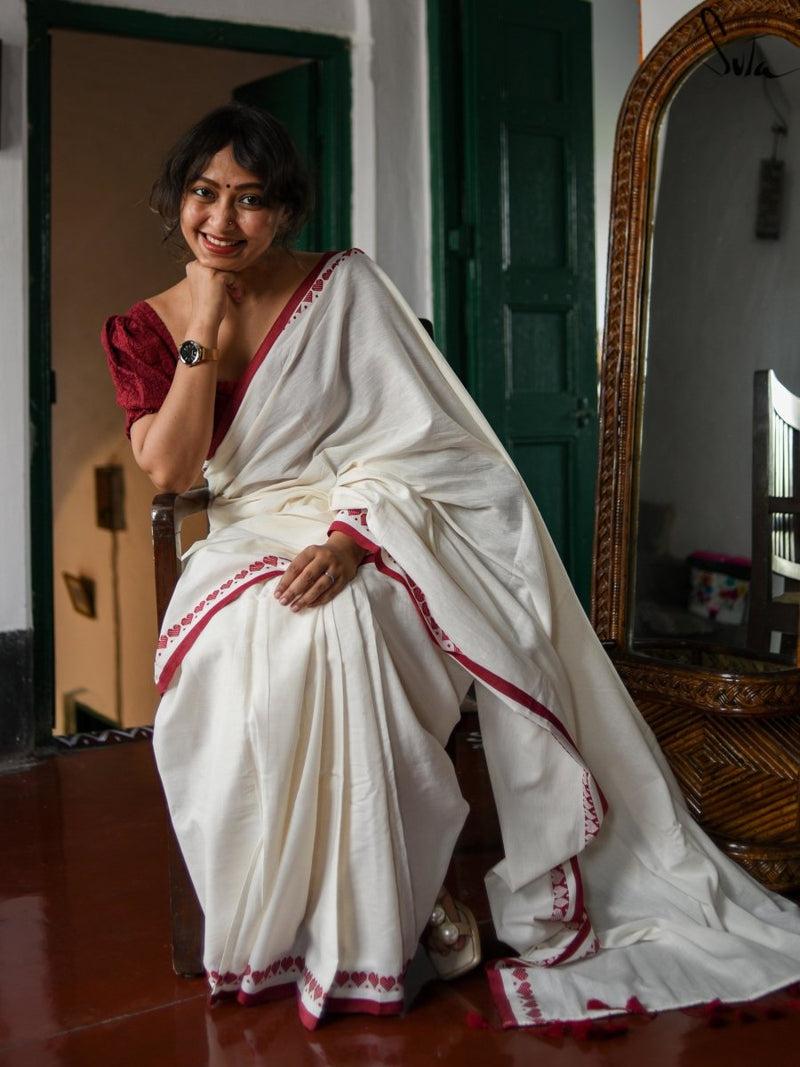 White Soft Cotton Tassel Saree For Onam|Masoom Dil|Suta