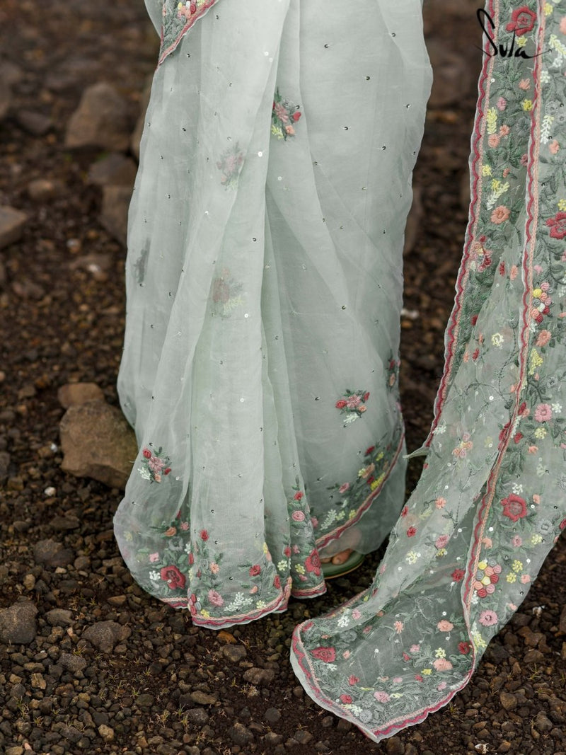 Green Designer Silk Organza Saree|Midnight Musings|Suta