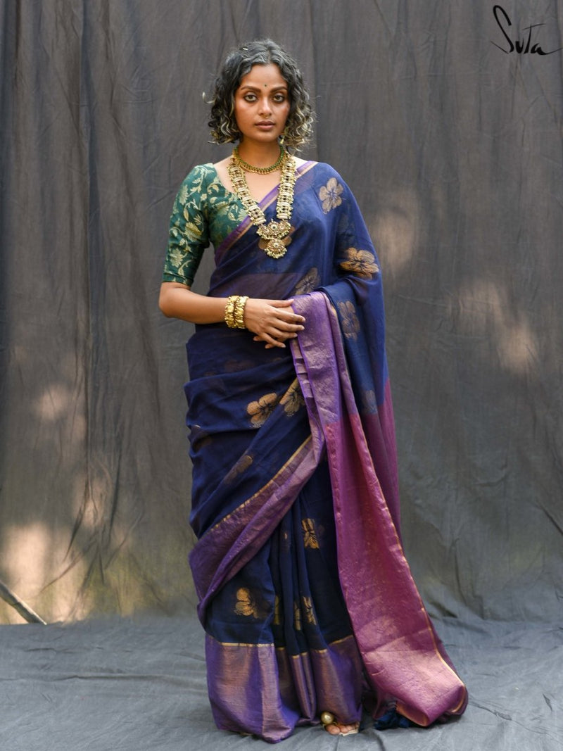 Cotton Zari Navy Blue Saree With Tassels|Neeli Jawa Kusum|Suta