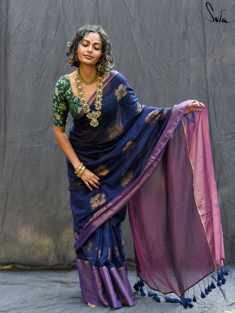 Cotton Zari Navy Blue Saree With Tassels|Neeli Jawa Kusum|Suta