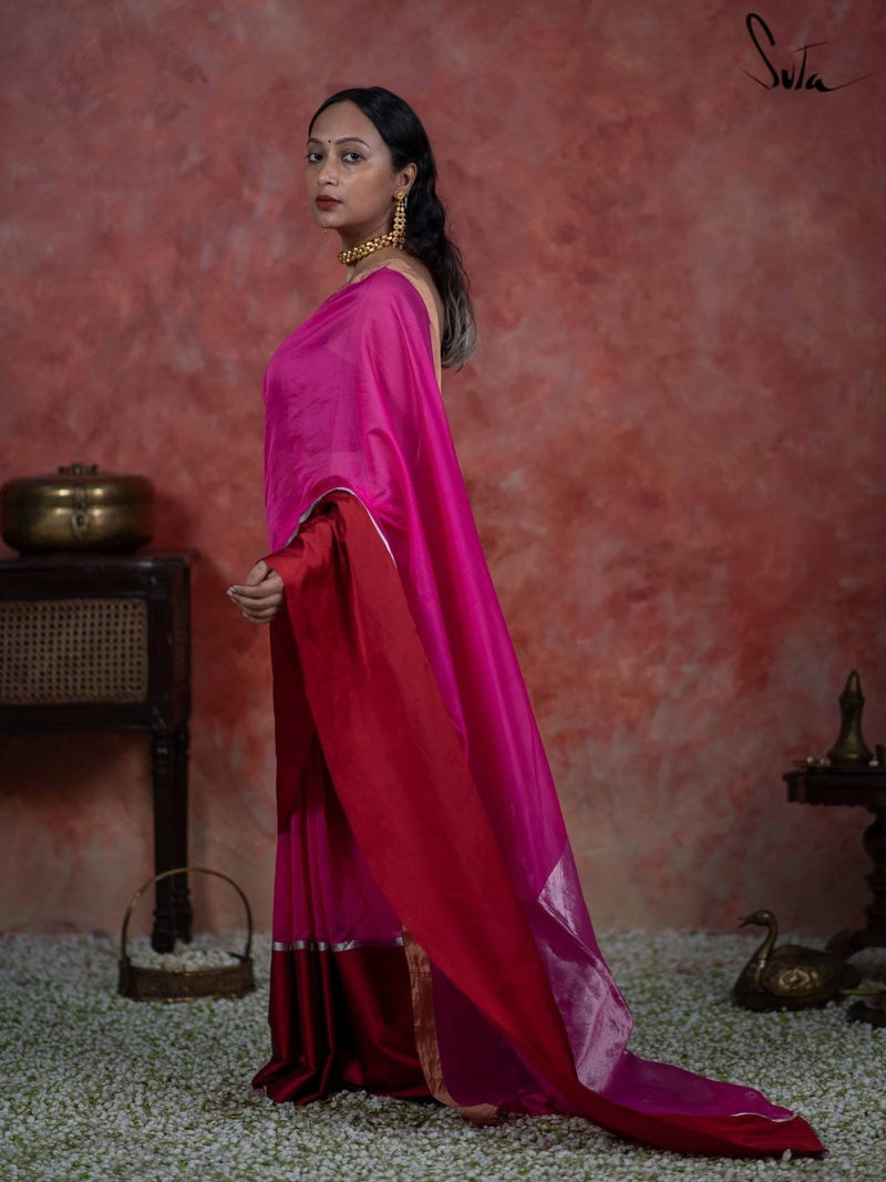 Handwoven Cotton Silk Red Pink Saree|Nurturing Nirupa|Suta