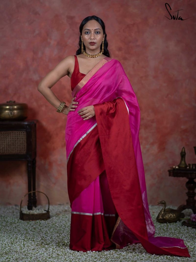 Handwoven Cotton Silk Red Pink Saree|Nurturing Nirupa|Suta