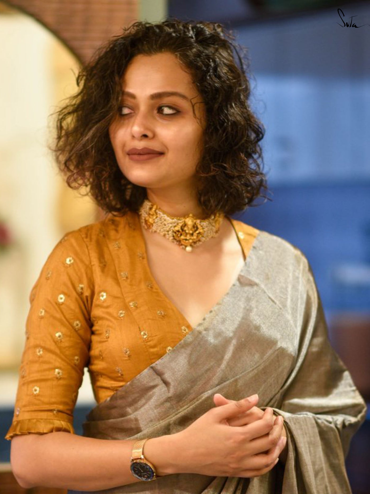 Silk Half Sleeve V Neck Blouse In Golden Hue|Ochre Stars|Suta