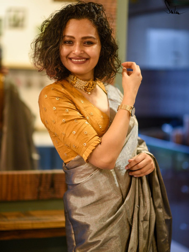 Silk Half Sleeve V Neck Blouse In Golden Hue|Ochre Stars|Suta