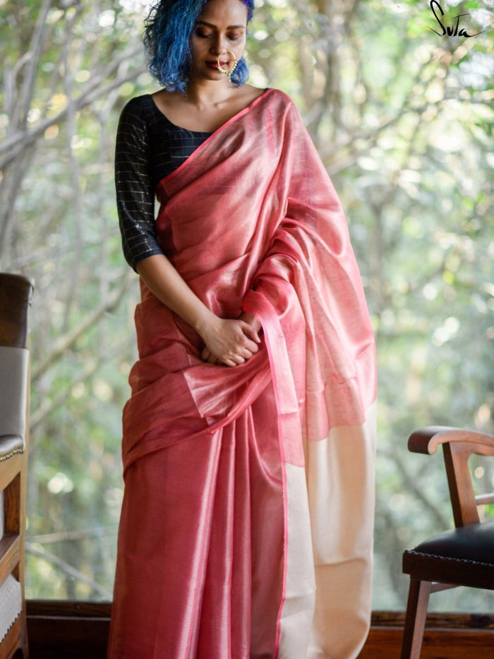 Linen Zari Pink Golden Saree With Blouse Piece|Raga Abhogi|Suta