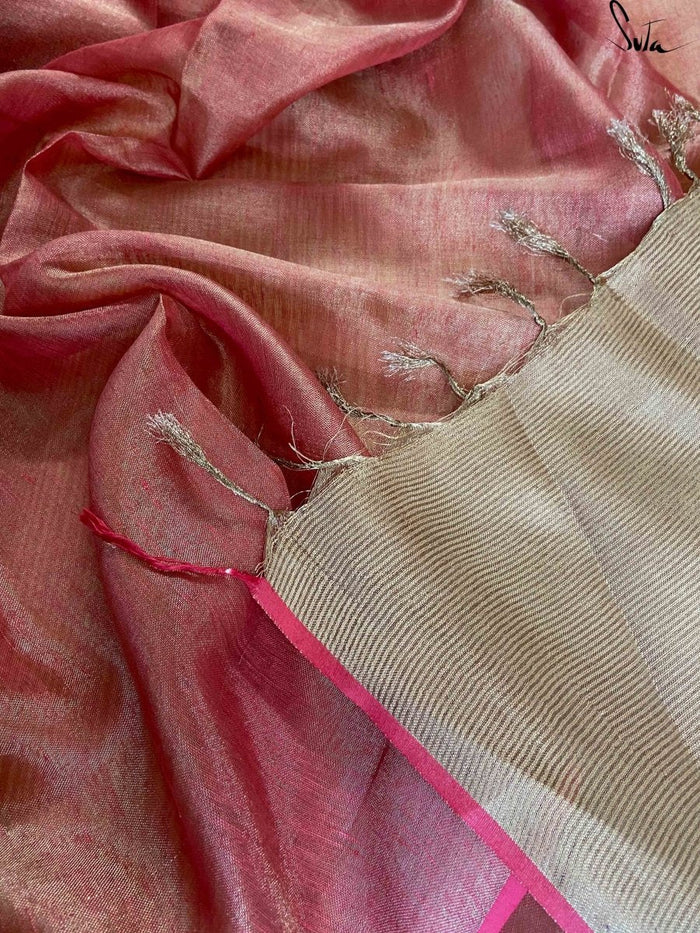 Linen Zari Pink Golden Saree With Blouse Piece|Raga Abhogi|Suta