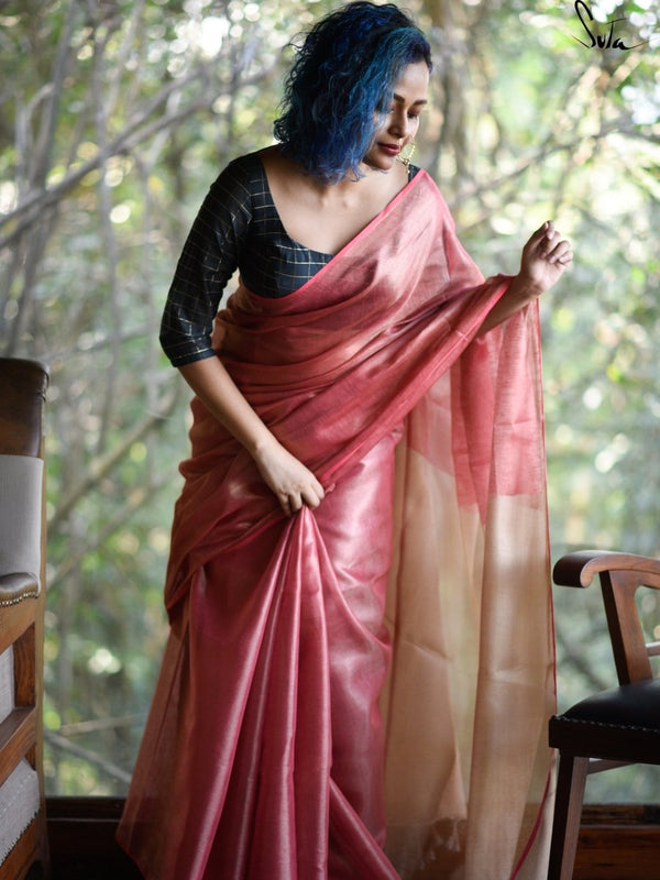 Linen Zari Pink Golden Saree With Blouse Piece|Raga Abhogi|Suta
