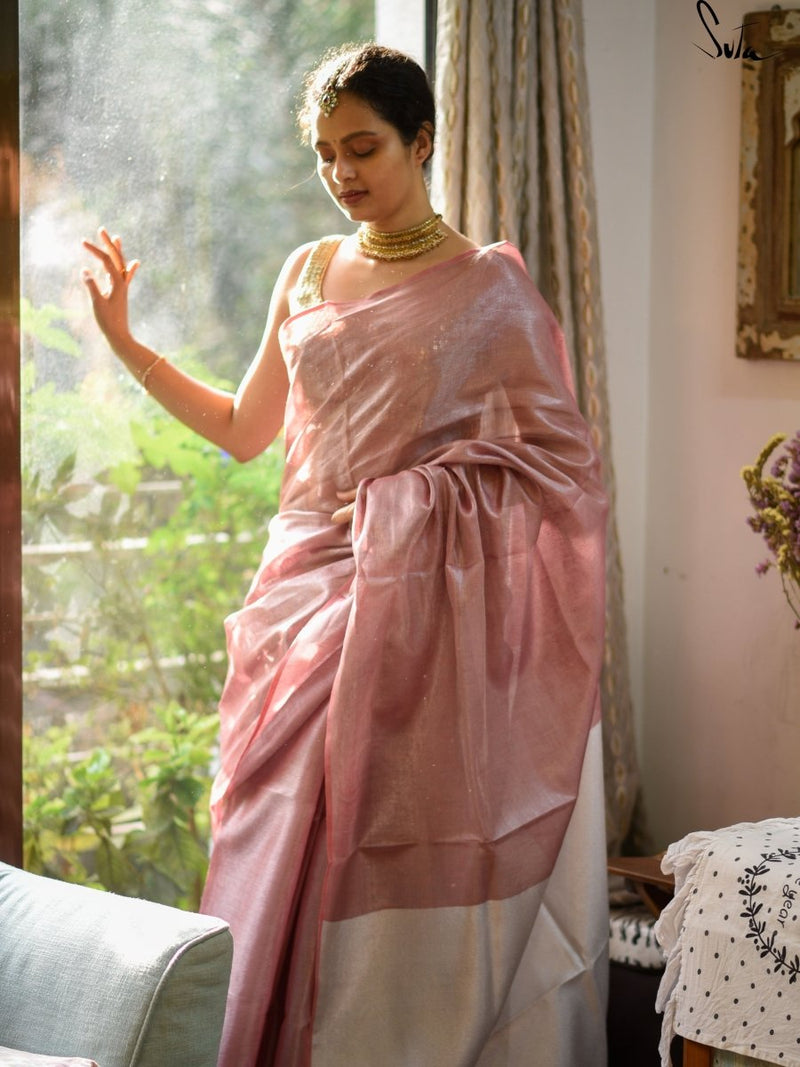 Linen Zari Silver And Pink Saree|Raga Brindavan Sarang|Suta