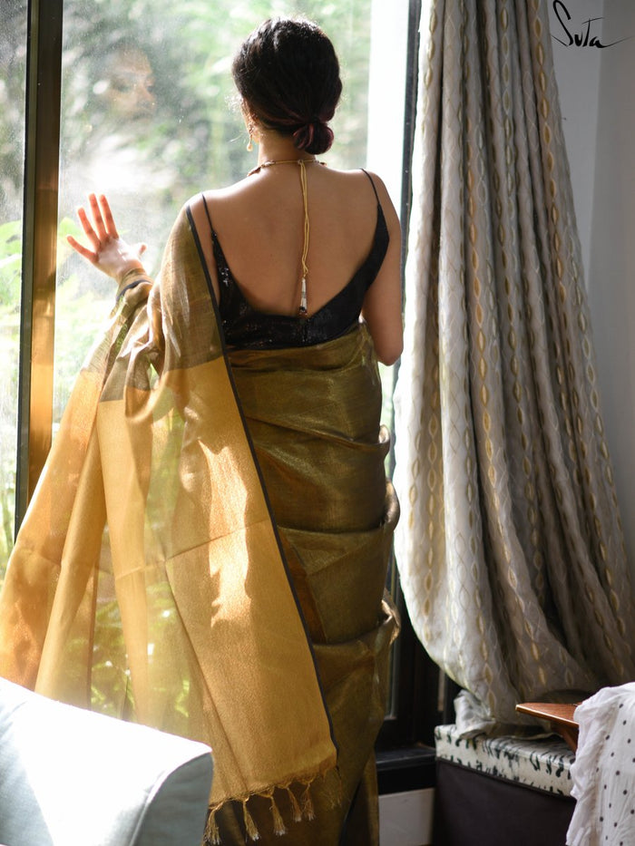 Golden Linen Zari Saree With Blouse Piece|Raga Hamsadhvani|Suta