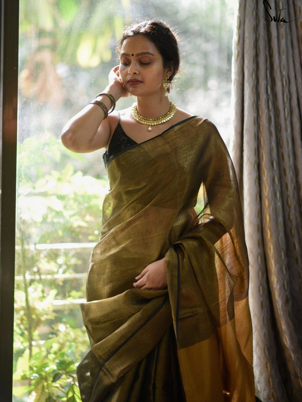 Golden Linen Zari Saree With Blouse Piece|Raga Hamsadhvani|Suta