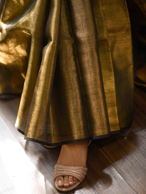 Golden Linen Zari Saree With Blouse Piece|Raga Hamsadhvani|Suta
