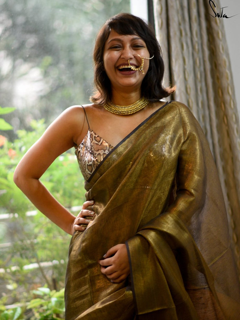 Linen Zari Golden Black Saree With Tassels|Raga Kafi|Suta