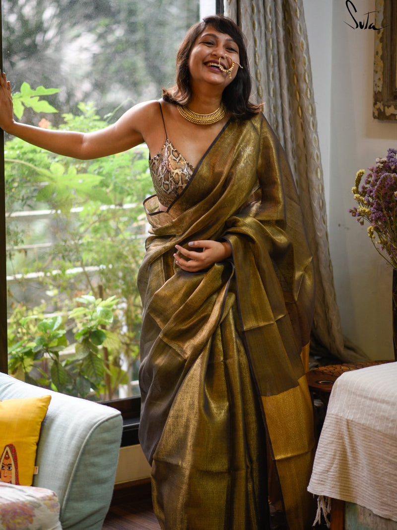 Linen Zari Golden Black Saree With Tassels|Raga Kafi|Suta