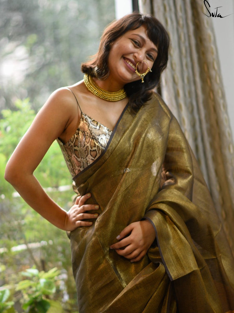 Linen Zari Golden Black Saree With Tassels|Raga Kafi|Suta