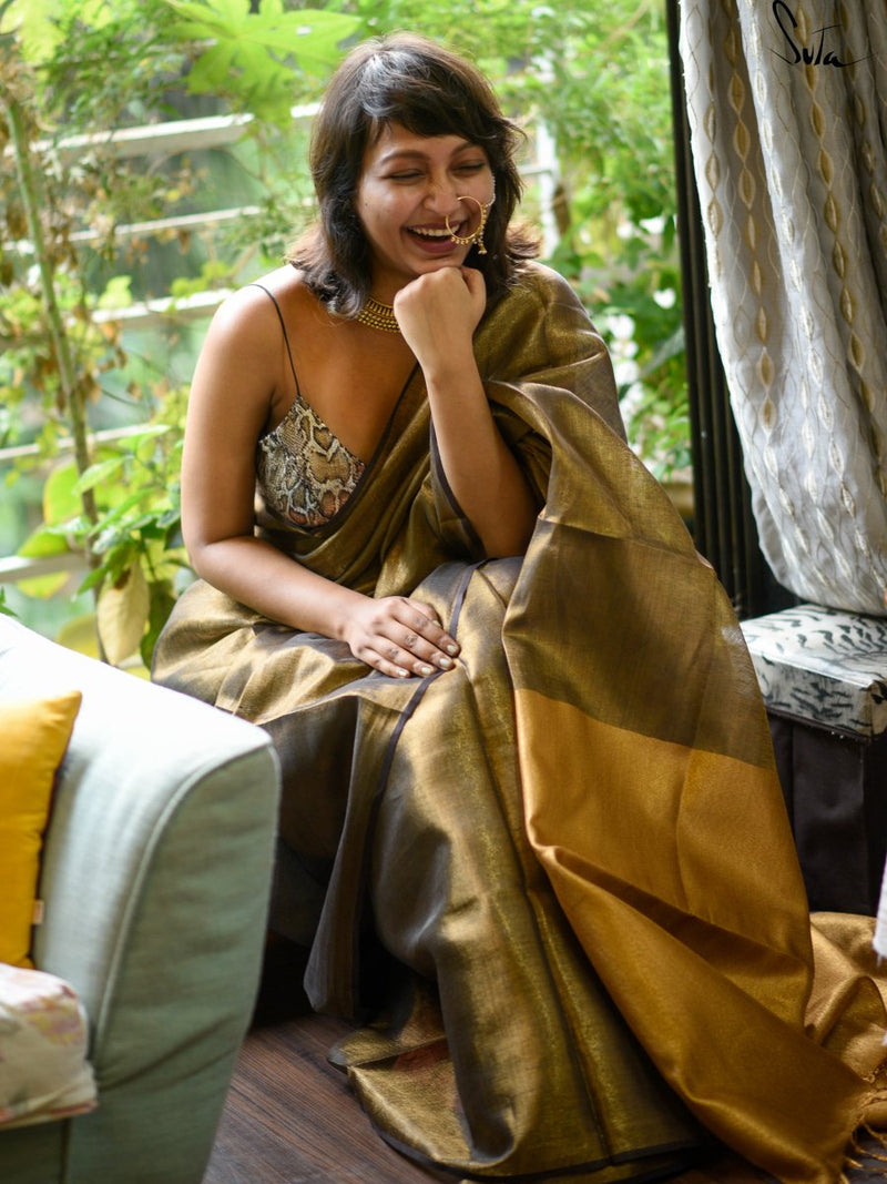 Linen Zari Golden Black Saree With Tassels|Raga Kafi|Suta