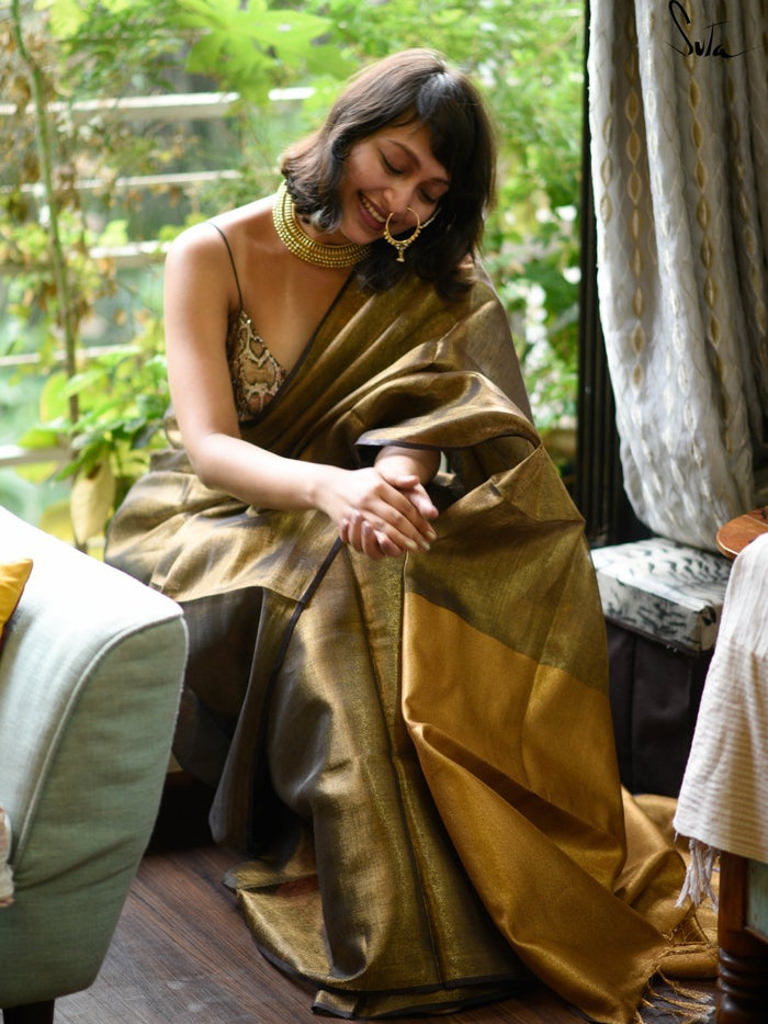 Linen Zari Golden Black Saree With Tassels|Raga Kafi|Suta