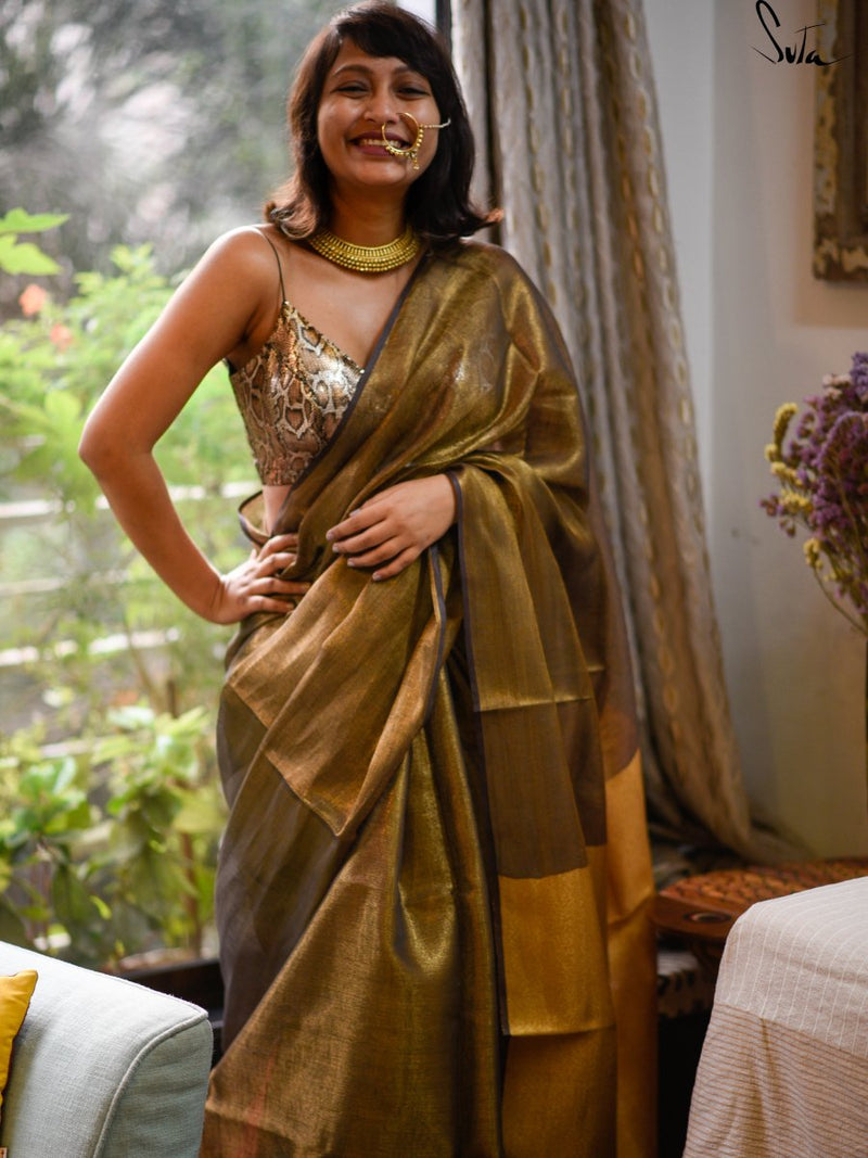 Linen Zari Golden Black Saree With Tassels Raga Kafi Suta