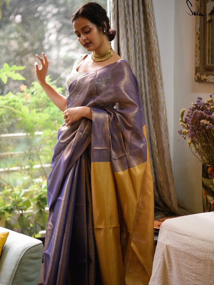 Grey And Purple Saree With Blouse Piece|Raga Megh Malhar|Suta