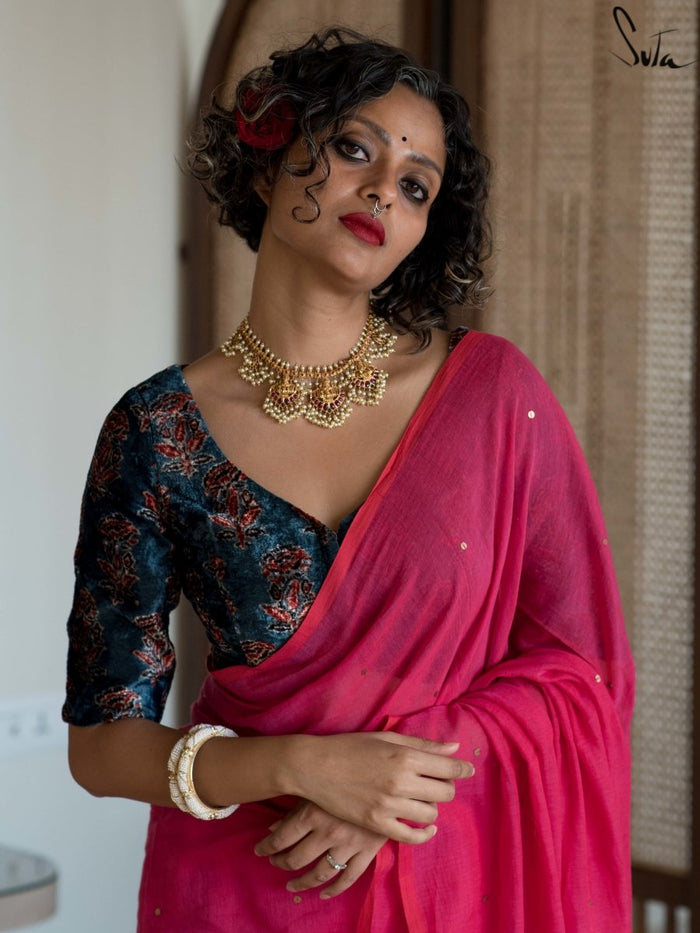 Mulmul Cotton Pink Sequin Saree|Raspberry Chumki|Suta