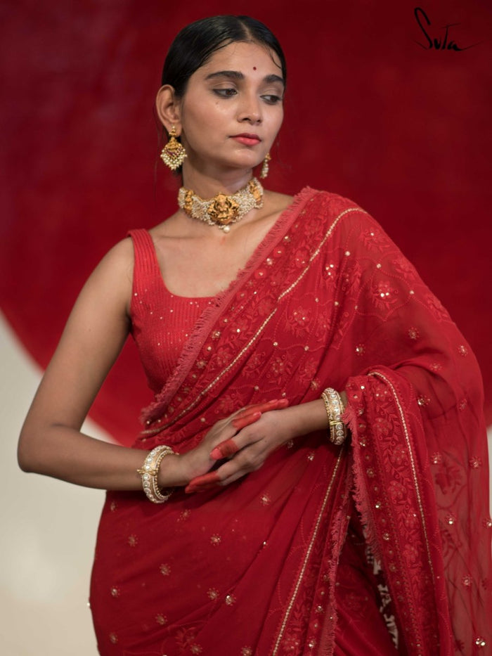 U Neck Sequin Sleeveless Blouse In Red|Ruby Bling|Suta