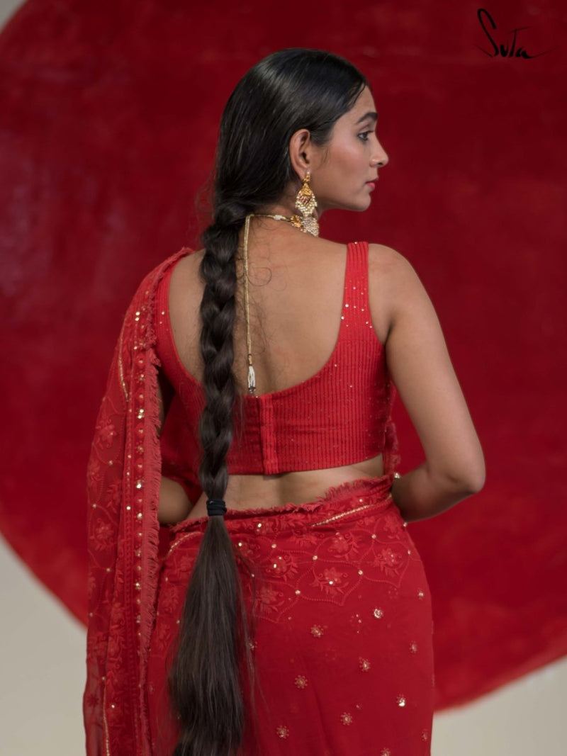 U Neck Sequin Sleeveless Blouse In Red|Ruby Bling|Suta