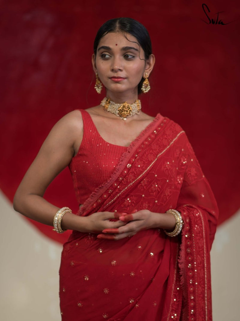 U Neck Sequin Sleeveless Blouse In Red|Ruby Bling|Suta