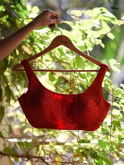 U Neck Sequin Sleeveless Blouse In Red|Ruby Bling|Suta