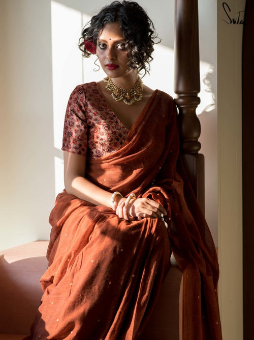 Mul Cotton Rust Brown Saree With Sequins|Rust E Chumki|Suta
