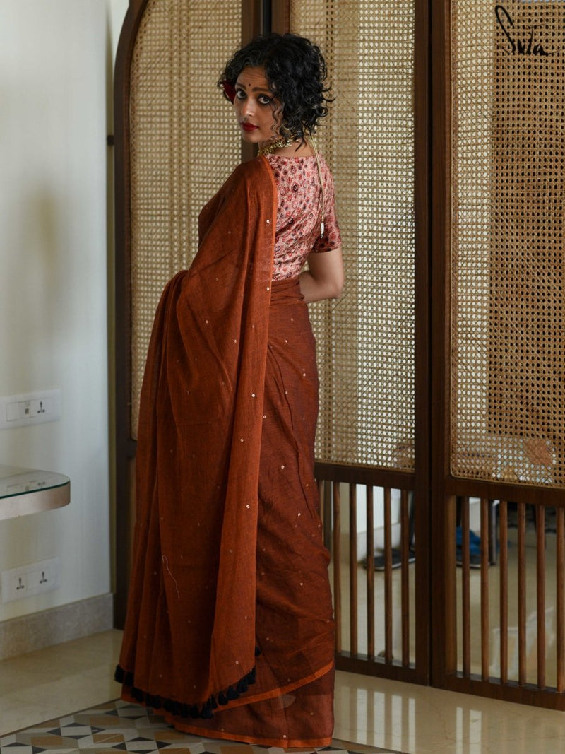 Mul Cotton Rust Brown Saree With Sequins|Rust E Chumki|Suta