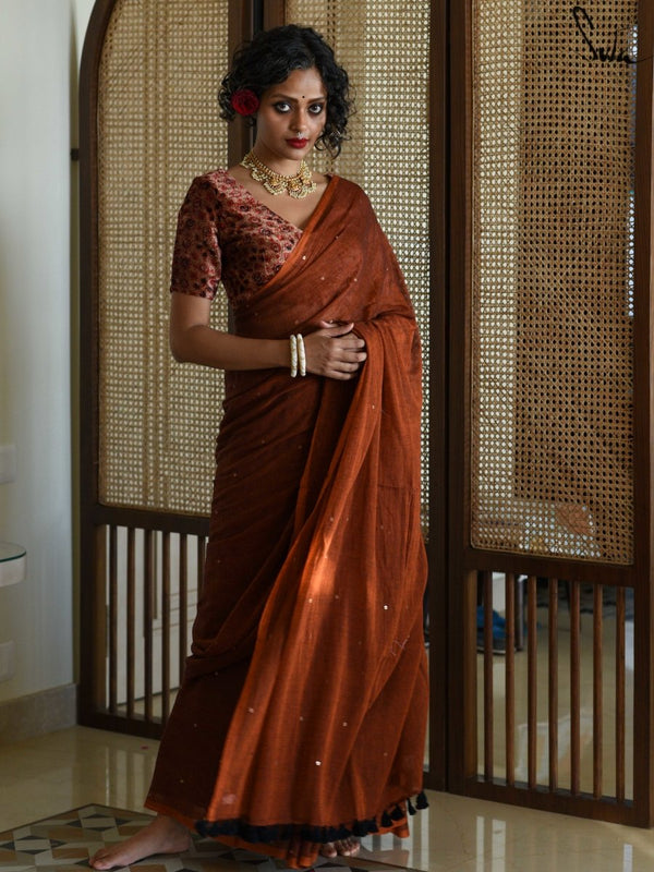 Mul Cotton Rust Brown Saree With Sequins|Rust E Chumki|Suta