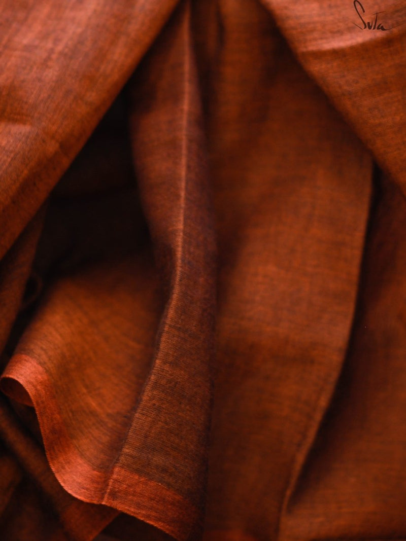Soft Mulmul Cotton Rust Colour Saree With Tassels|Rustic|Suta