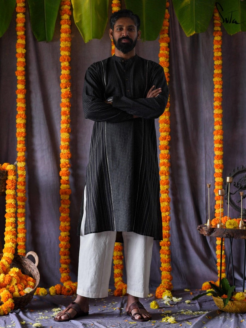 Full Sleeve Cotton Black Kurta For Men|Saavra Chiraag|Suta